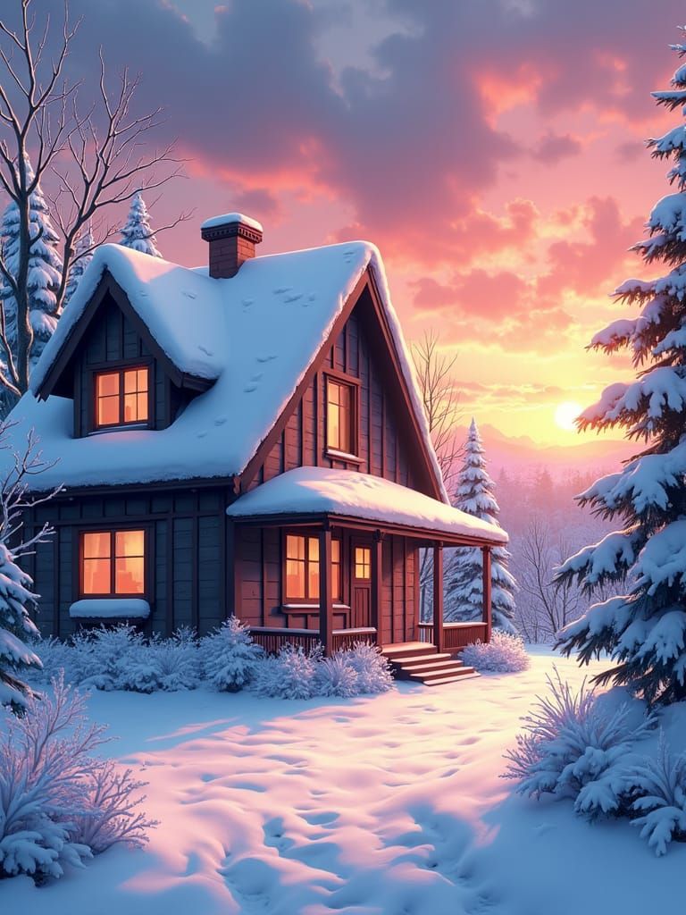 A winter season, house - Winter House in Vibrant Anime Style