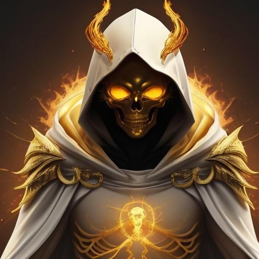 a flaming golden skeleton god, with white hood, with gold and white ...