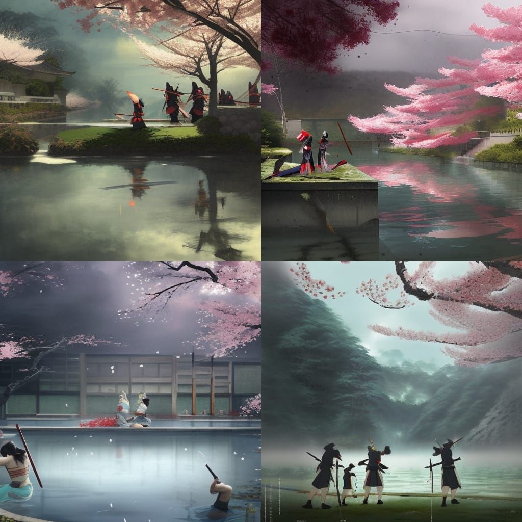 Japanese-styled pool with Cherry Blossoms falling. Samurai warriors ...