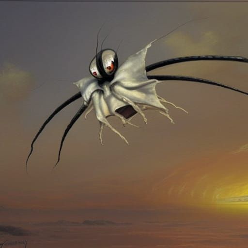 a flying spider with thin web between its legs, making it look like a ...