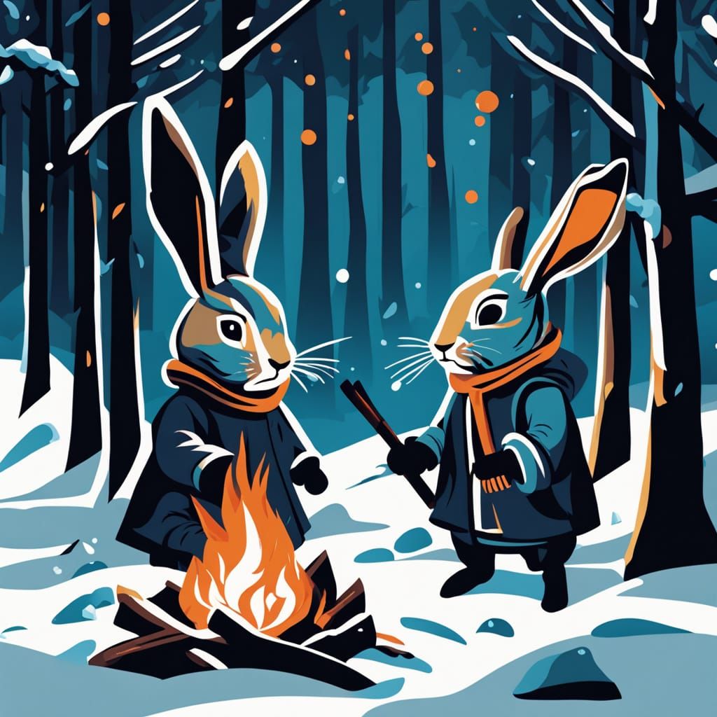 Mystical Rabbits Gather 'Round Winter Campfire - AI Art