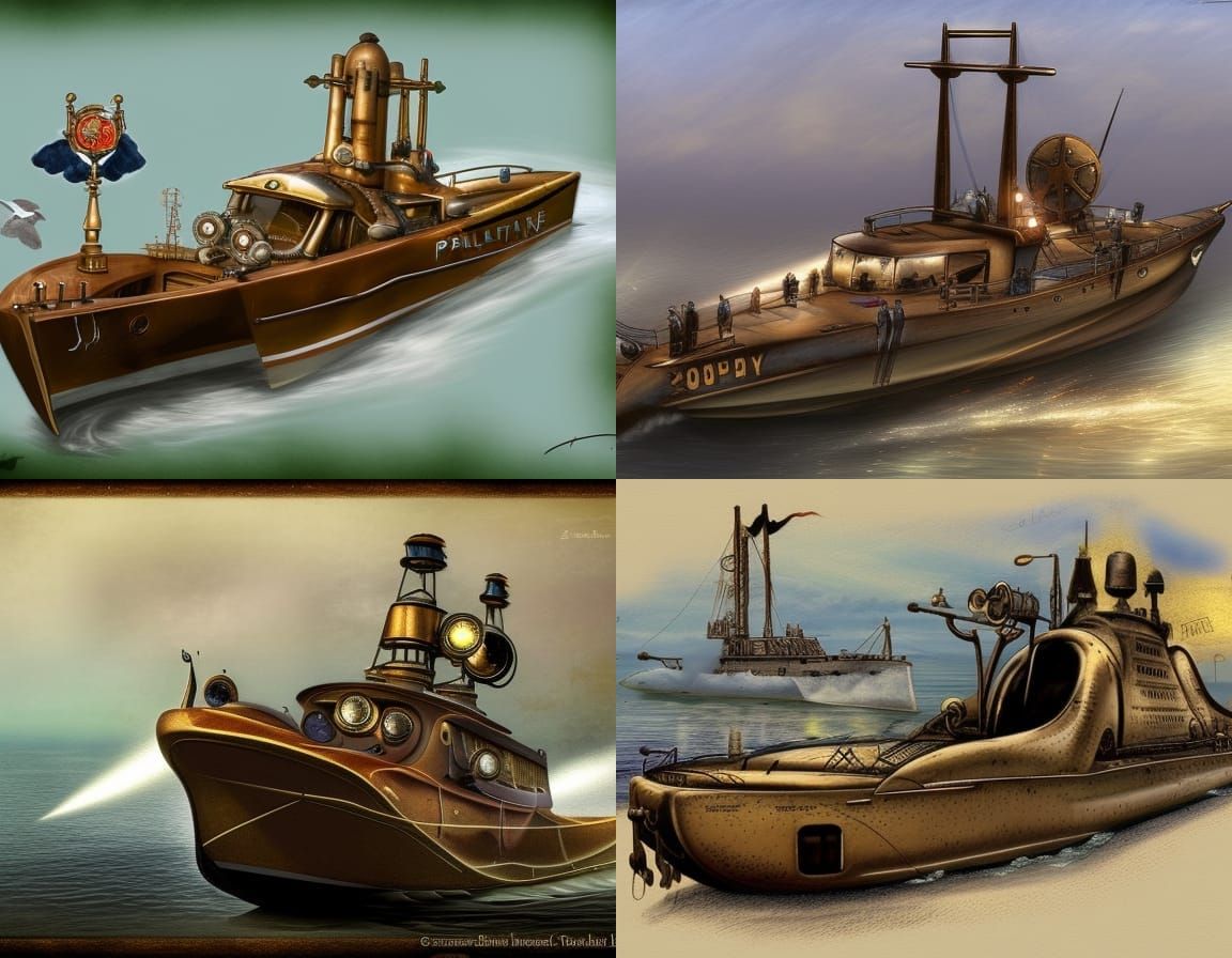 Police patrol boat, steam pinnace, whimsical fantasy steampunk, concept ...