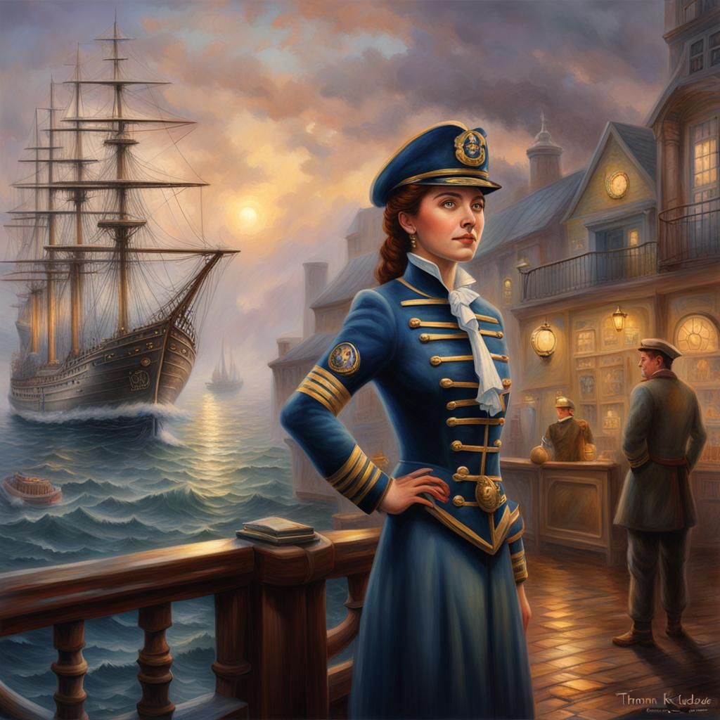 hyper-realistic professional female ship captain in the port of ...