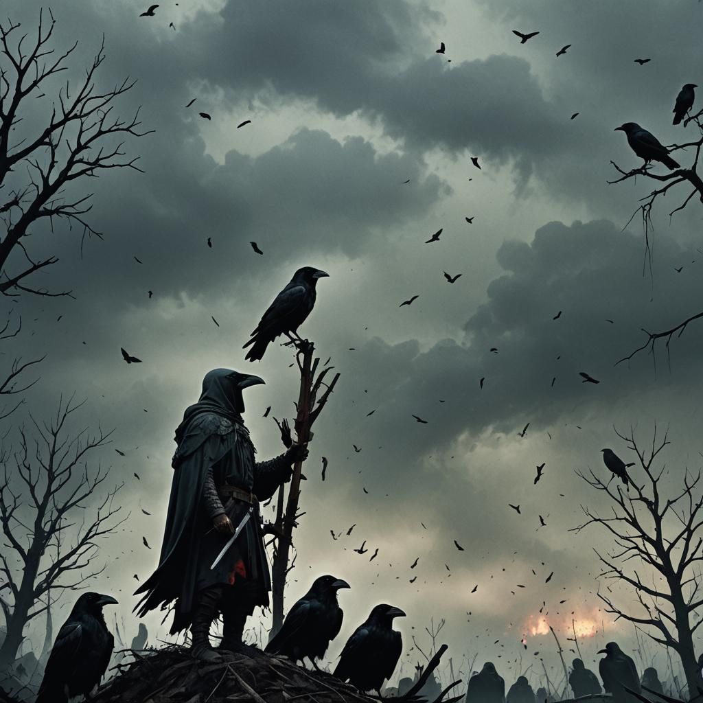 The crows of war - Warrior Surrounded by Crows in a Dark Fan...