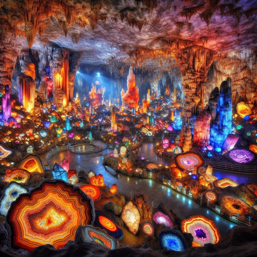 A giant cavern with geodes and large fabulous multi-colored crystals ...