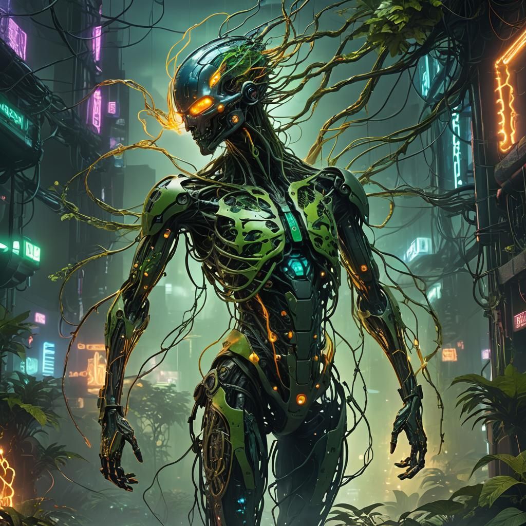 Cyberpunk elemental creature intertwined with nature, cybernetic limbs ...