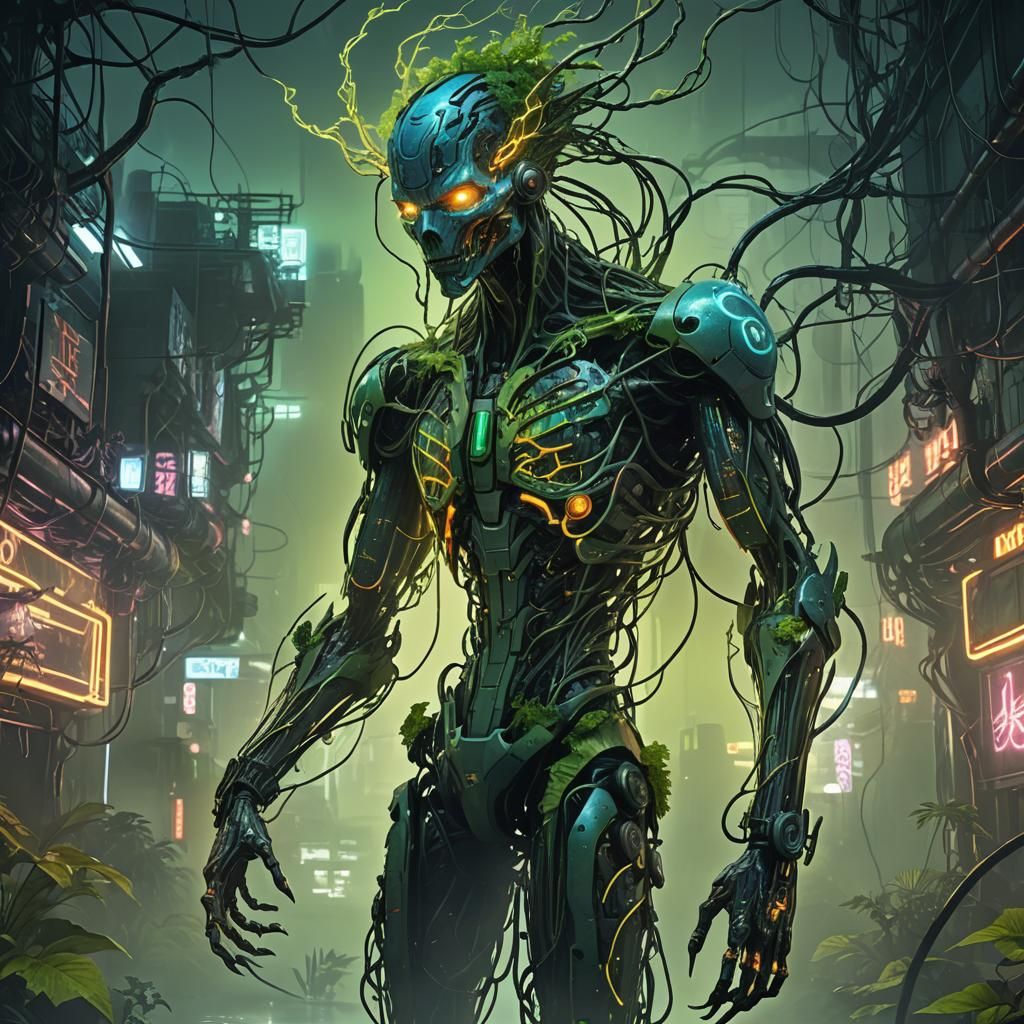 Cyberpunk elemental creature intertwined with nature, cybernetic limbs ...