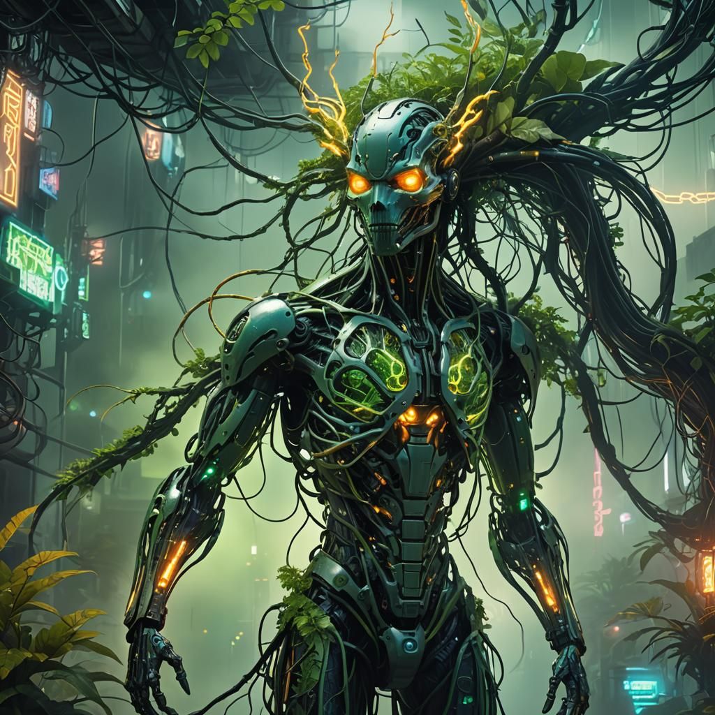 Cyberpunk elemental creature intertwined with nature, cybernetic limbs ...