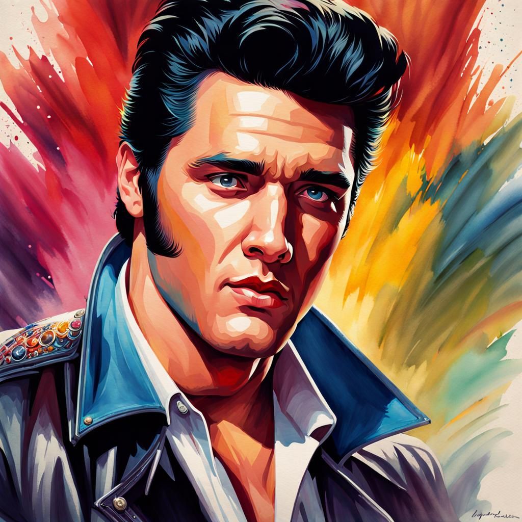 A watercolour portrait of a young Elvis Presley