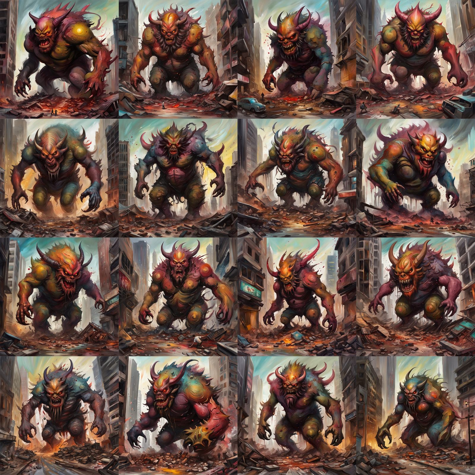 detailed painting of giant gluttonous demon monster trampling through a ...