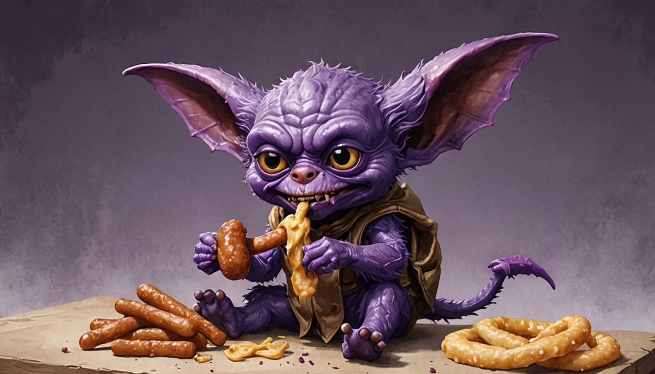 purple gremlin eating battered sausage - AI Generated Artwork ...