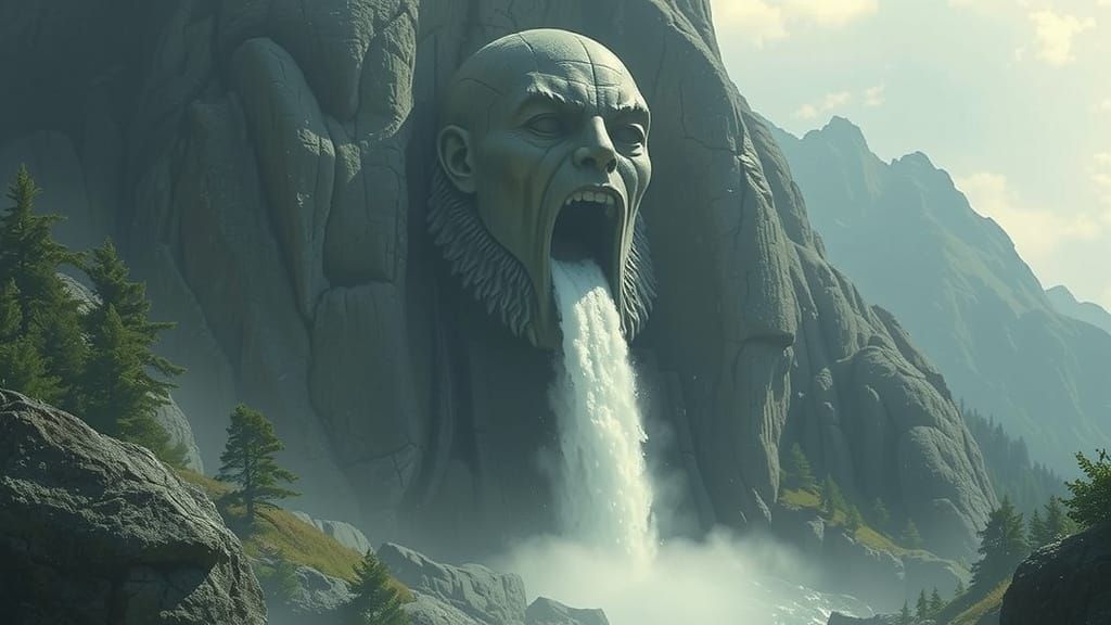 Monumental Stone Head Cascade in Hildebrandt Style - AI Art