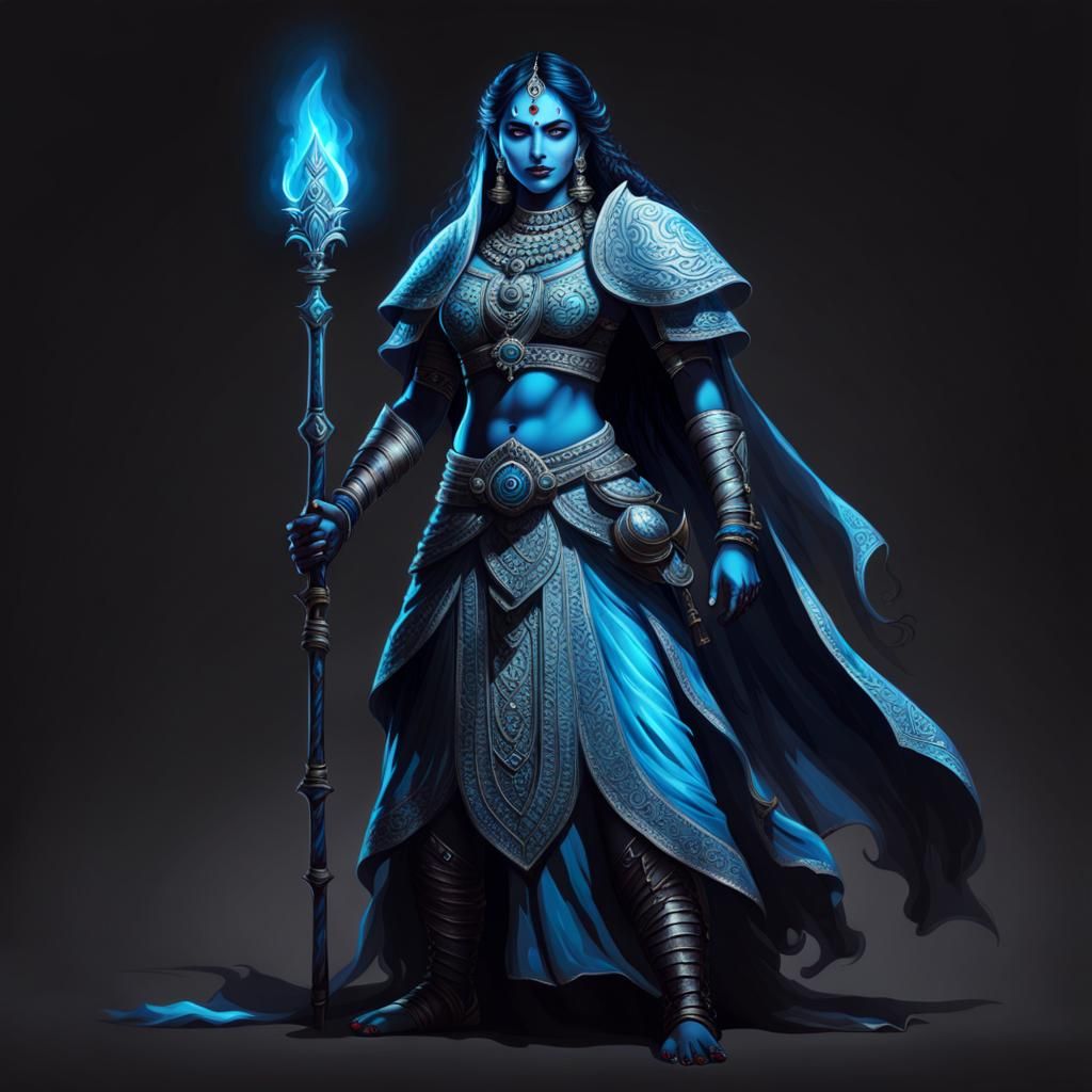 A beautiful luminous gothic full body shot of a blue-skinned hindu lady ...