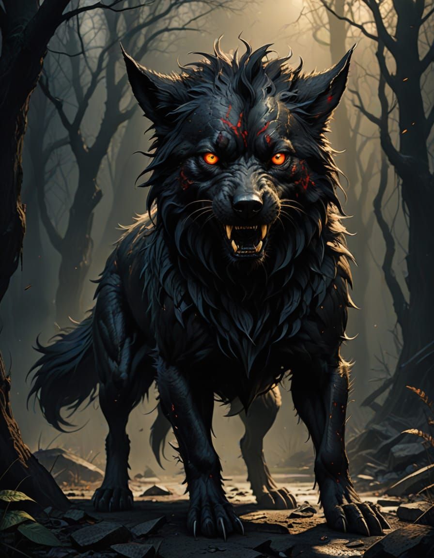 Fierce, Red-Eyed Beast in Dark, Muted Landscape - AI Art