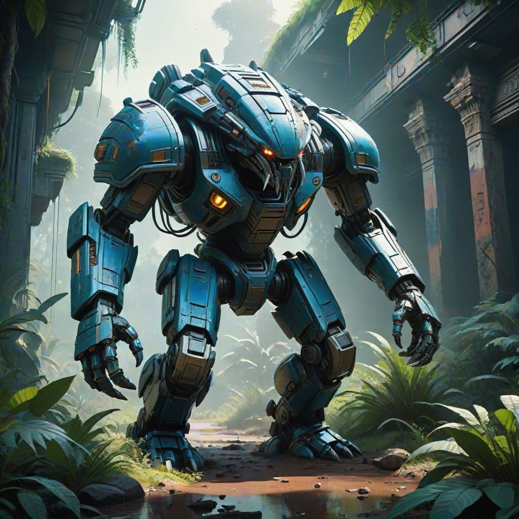 Cyberpunk Mech Battles Ancient Mayan Ruins in Sci-... - AI Art