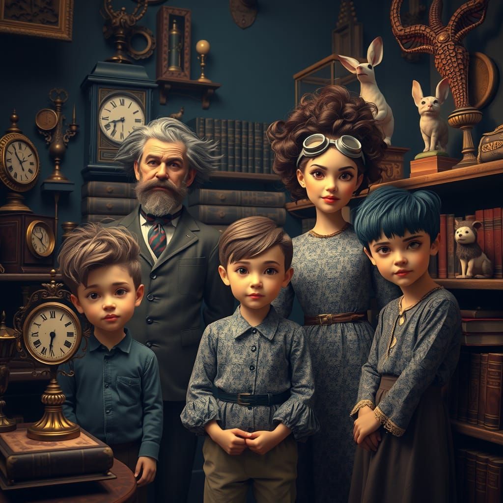 Eccentric Family Surrounded by Whimsical Curiositi... - AI Art