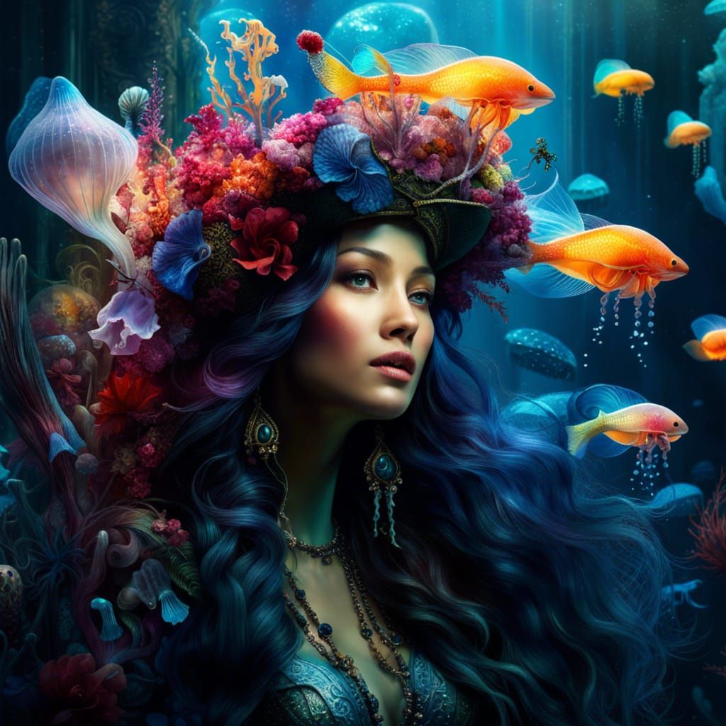 Beautiful mermaid with a lot of translucent jellyfish, maximalist ...