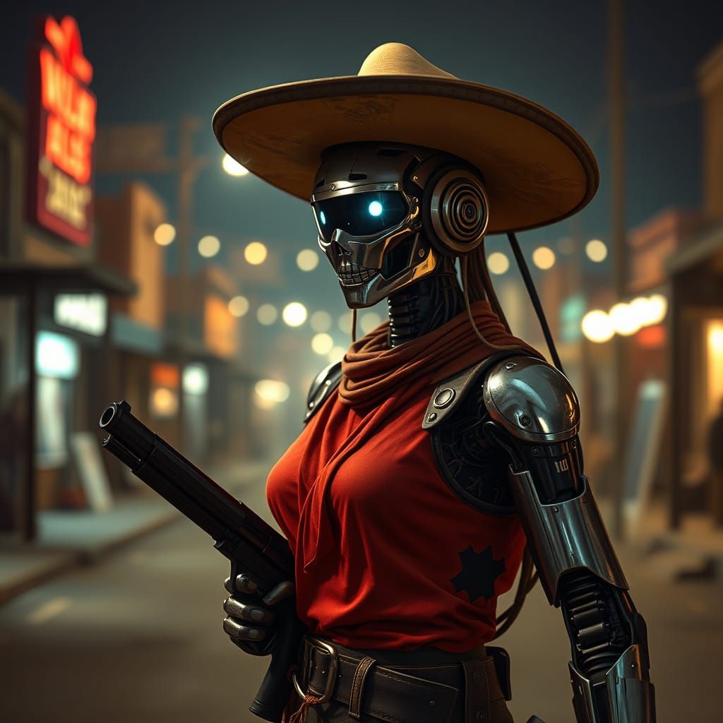 A cyberpunk robot... - Cyberpunk Android Cowboy in Wild West...