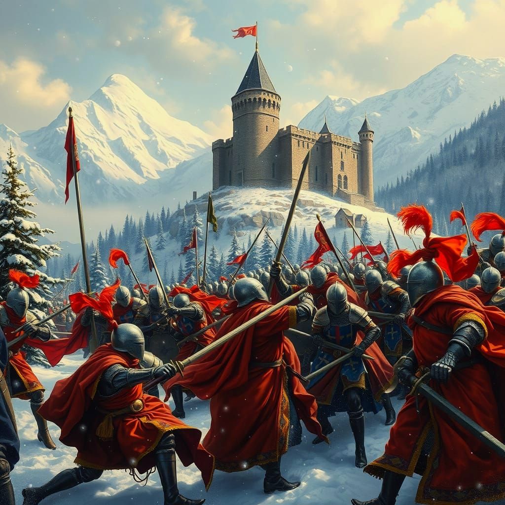 Battle of knights in colorful robes in front of the royal castle