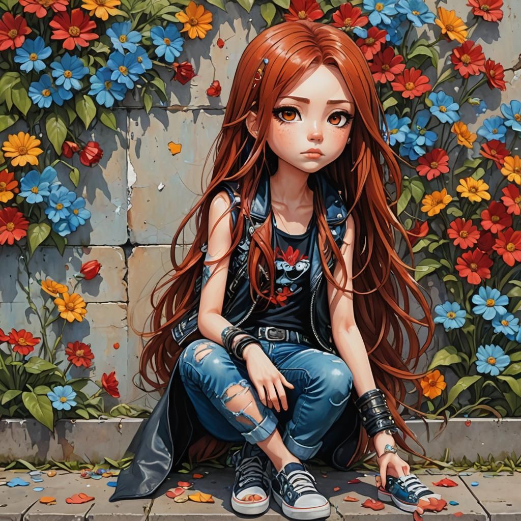 beautiful young chibi heavy metal girl, long red way hair, brown eyes ...