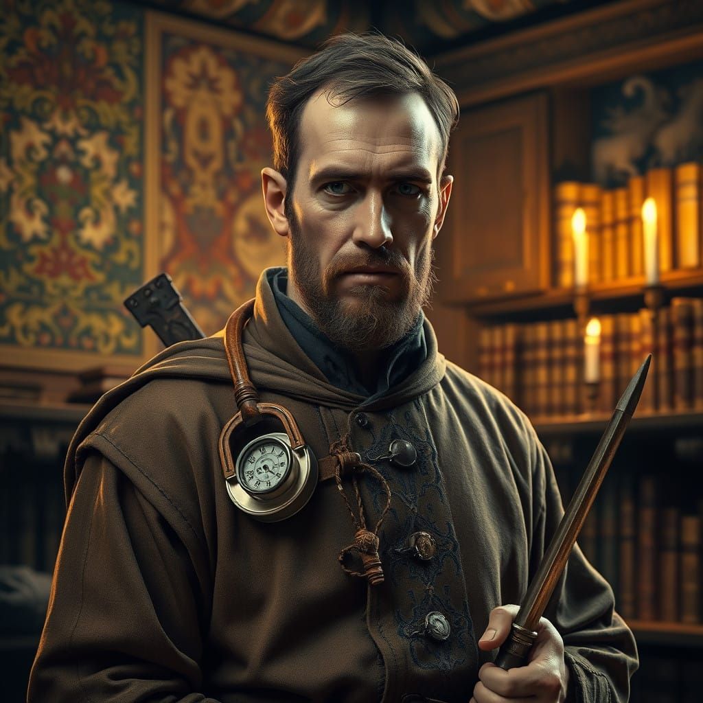 Medieval Doctor in Earth-Toned Bata with Antique T... - AI Art