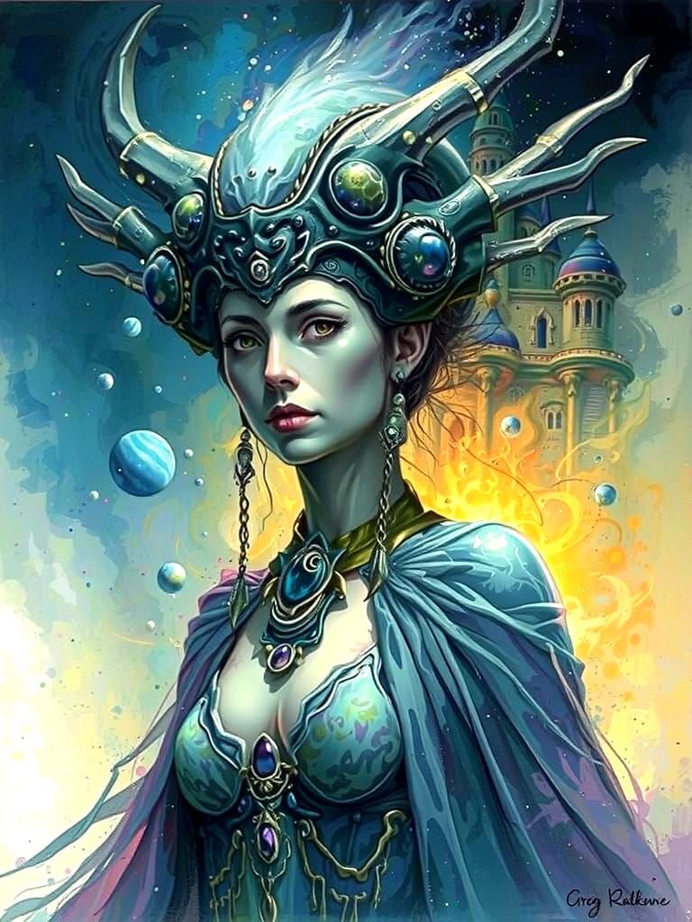 A beautiful alien sorceress from Andre Norton's fictional planet Warlock, castle background ...