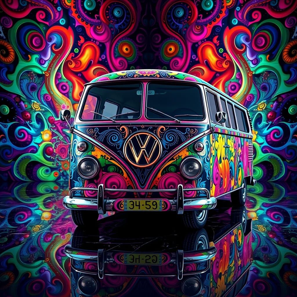 Psychedelic Volkswagen Van in Vibrant, Fractal Art - AI Art