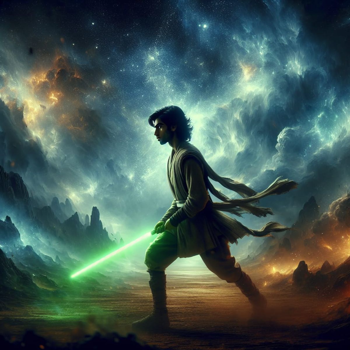 Young indian jedi master with a green lightsaber in a battle - AI ...