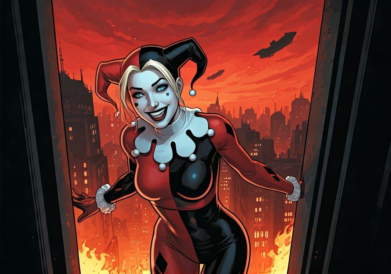 Harley Quinn Leaps from Burning Gotham City Window... - AI Art