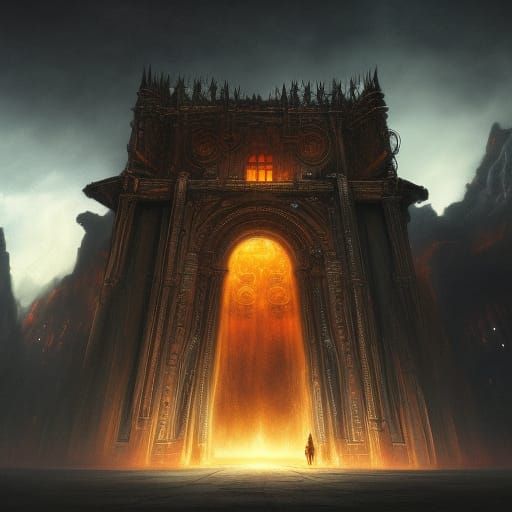 The gate of Hell. It is as large as a city. An angel stands in the ...