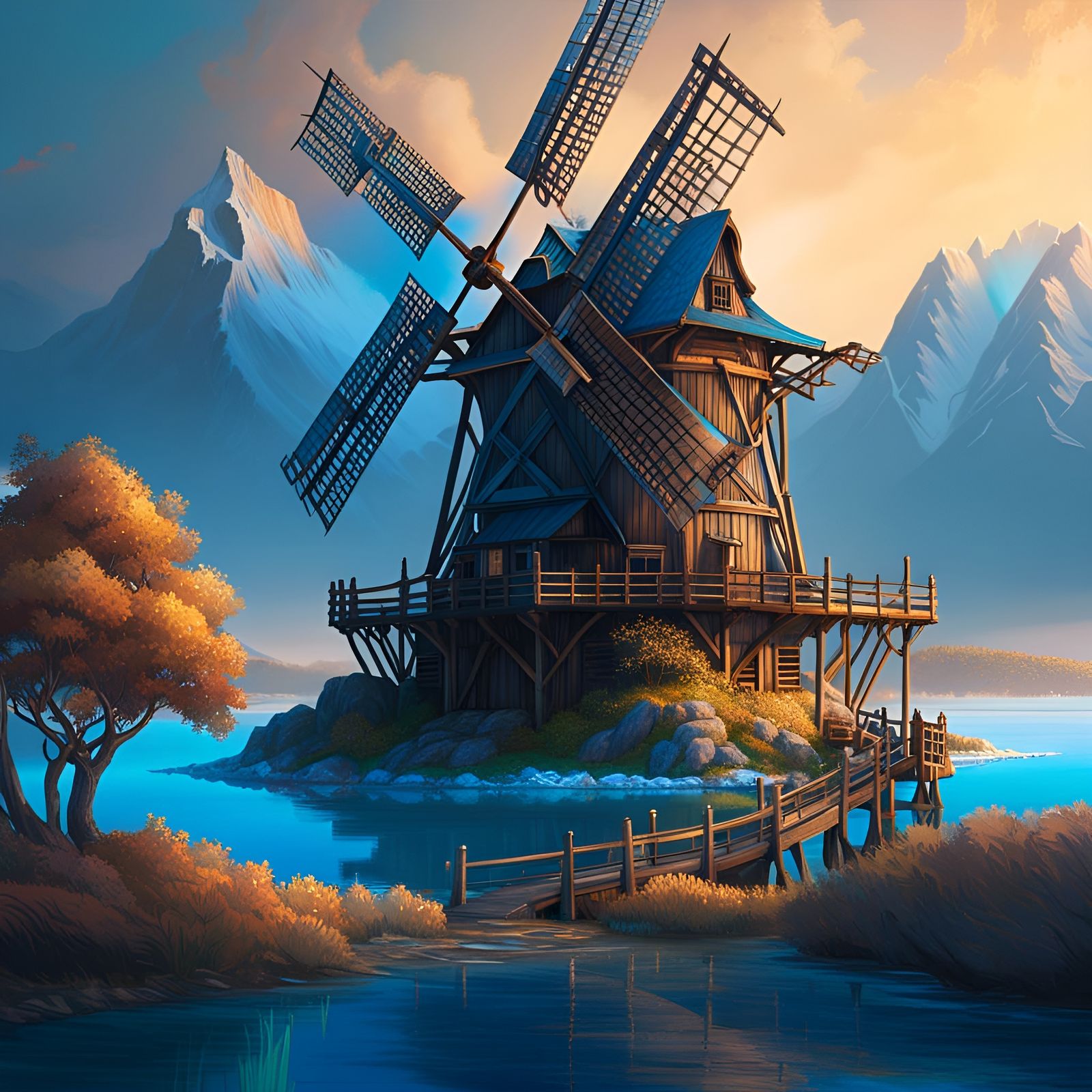 Lakeside Windmill - AI Generated Artwork - NightCafe Creator