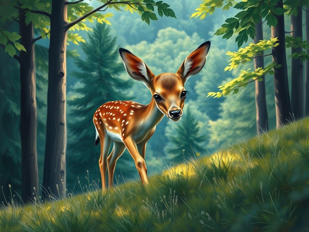 Surreal Fawn Grazes in Enchanted Forest Landscape - AI Art