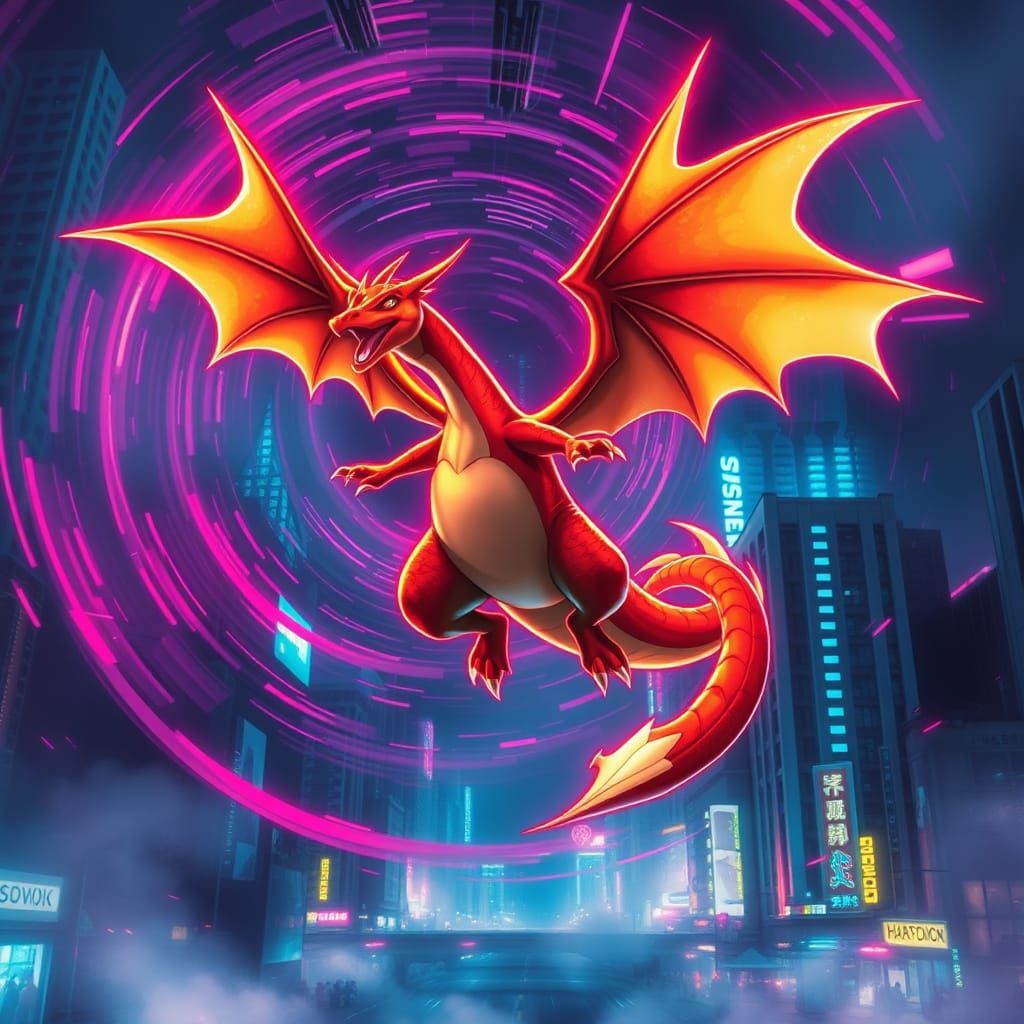 charizard - Cyberpunk Dragon soars through Neon City