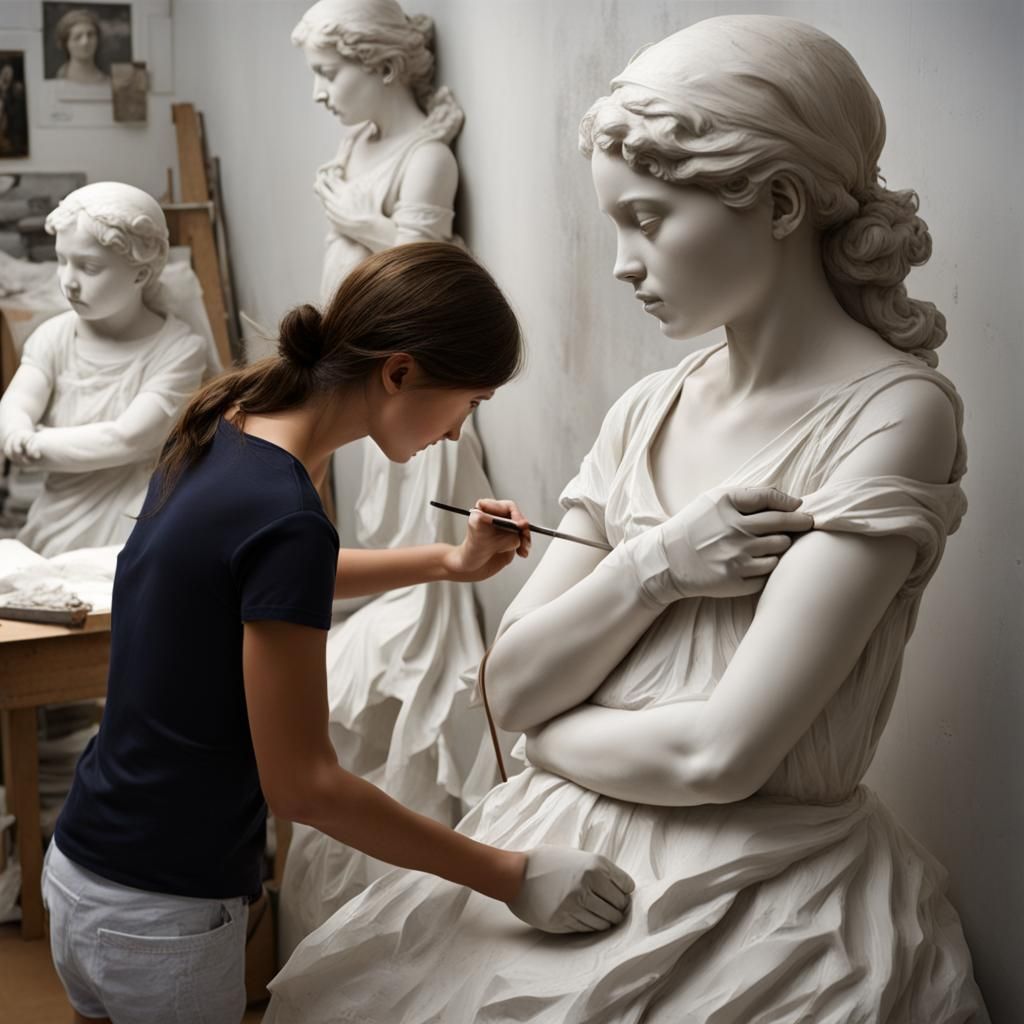 In Italy, there is a girl painter who works in a studio with plaster ...