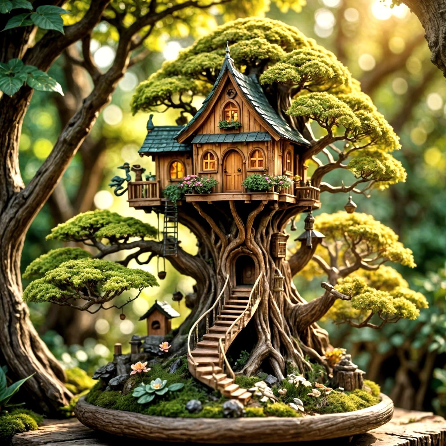 elf treehouse, on a bonsai tree, in a pot, nature landscape diorama ...