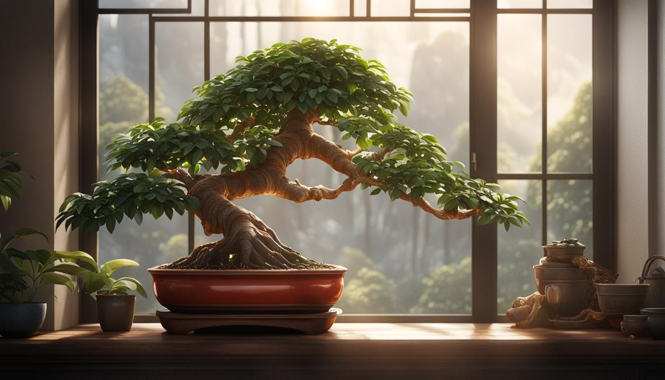 a ficus ginger bonsai in a ceramic pot on a sunny window sill - AI ...
