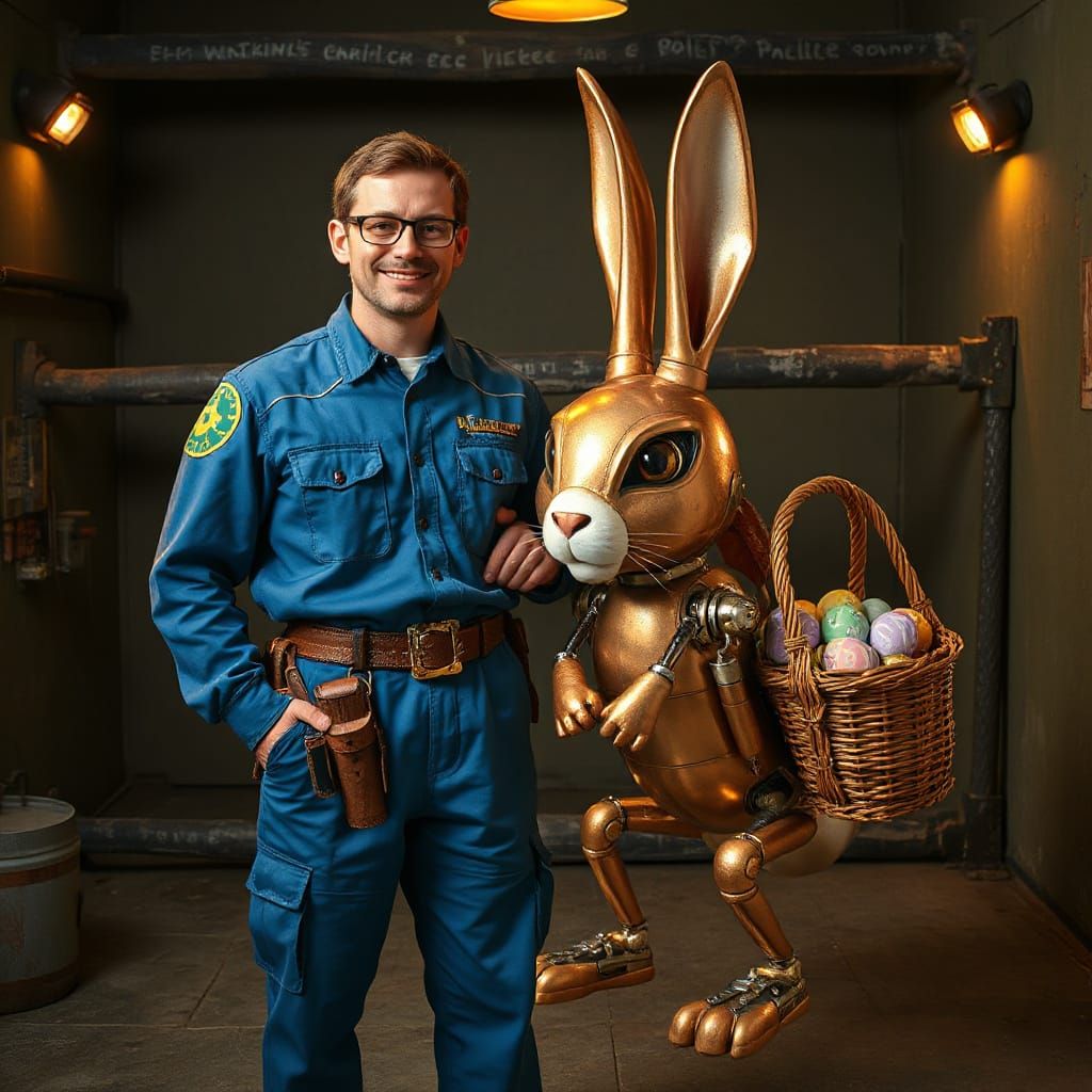 *misfire* Vault's chief mechanic stands next to his clockwork Easter ...