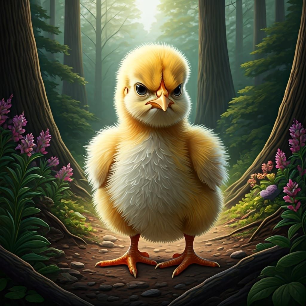 Grumpy Chick in Lush Forest, Audubon-Inspired - AI Art