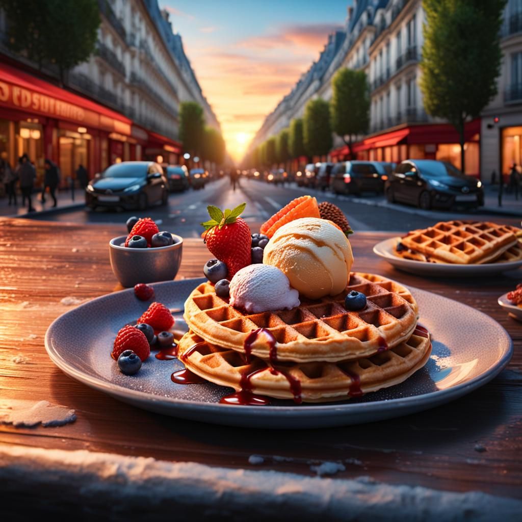 a plate with an Icecream, waffle and crepe in Paris, sunset - AI ...