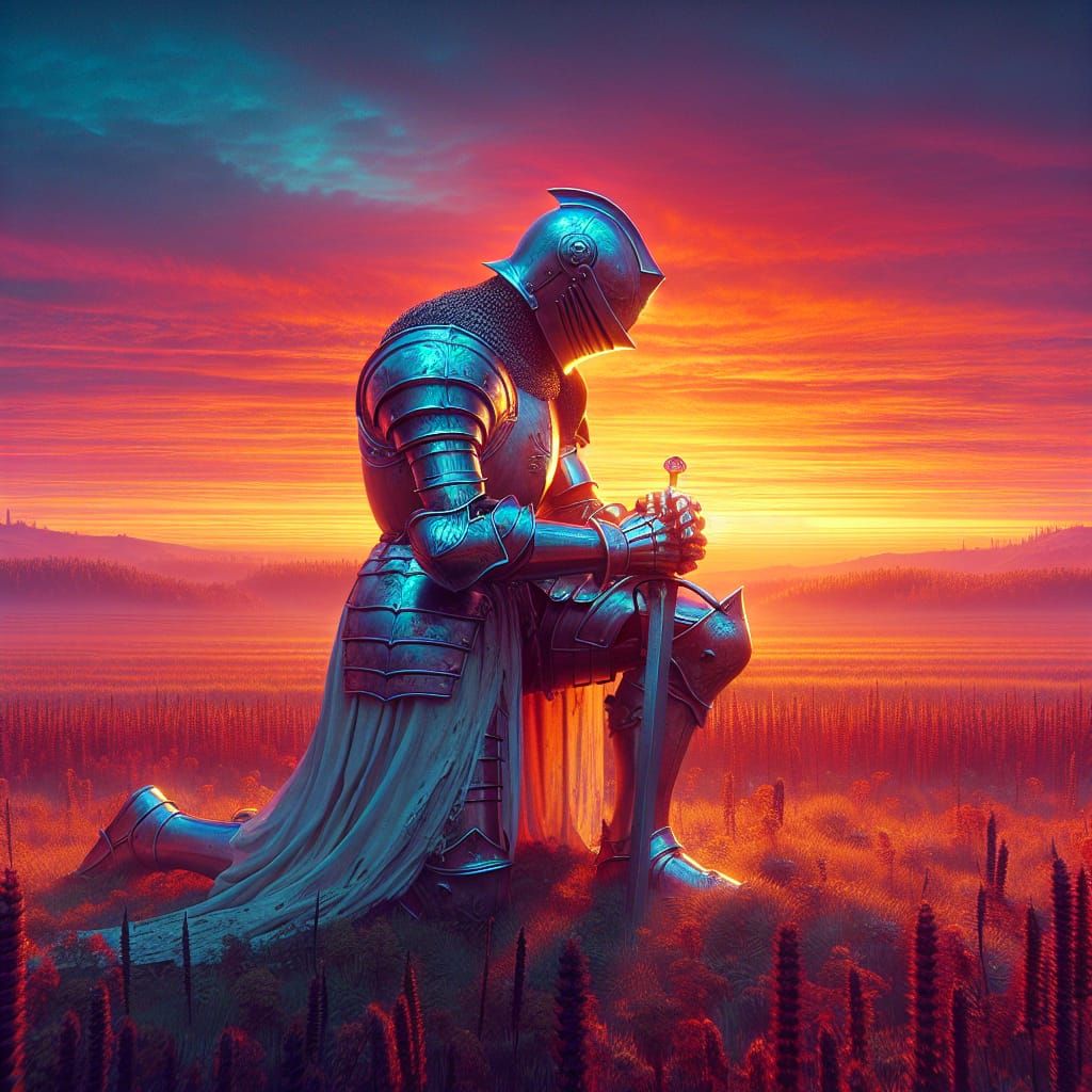 A knight kneel while praying to Christ in the field on a sun set - AI ...