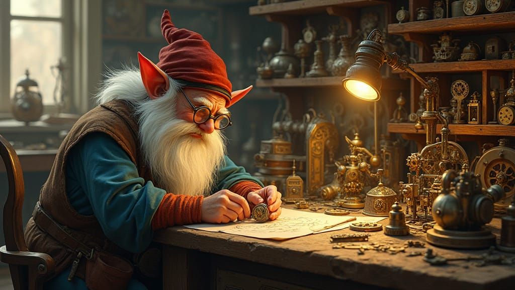 Gnome Clockmaker Assembles Mechanical Spy Device i... - AI Art