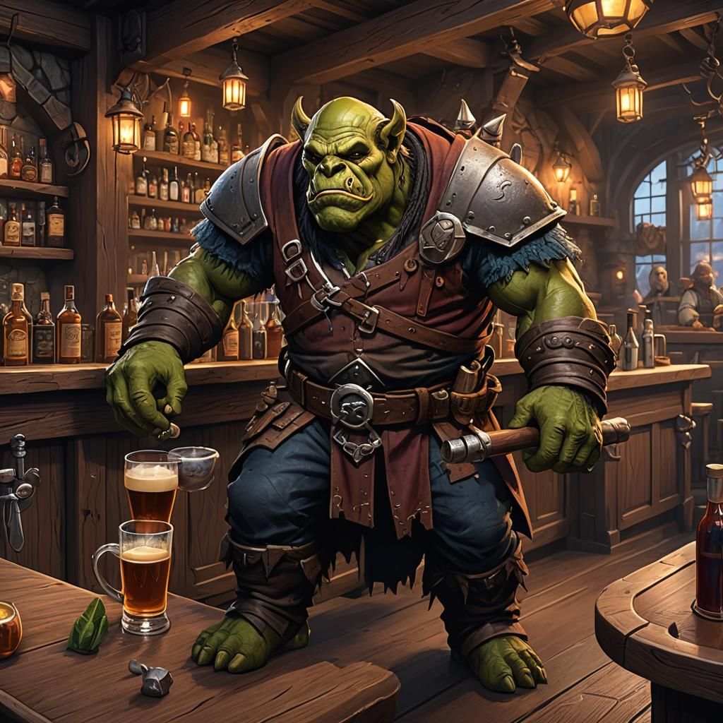 cartoon drawing of a large orc tending bar at a medical inn wearing ...