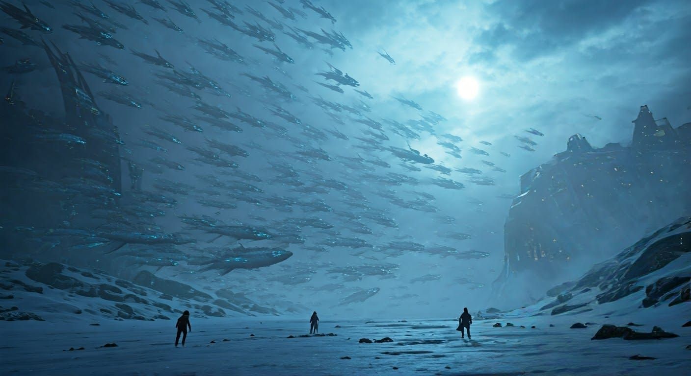 Epic Cyberpunk Battle in Foggy Snowscape - AI Art