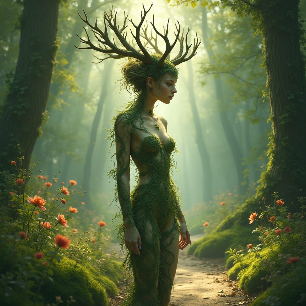 Luminous Forest Goddess in Serene Contemplation - AI Art