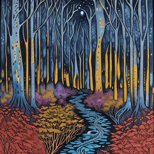 Moonlit Forest Path in Vibrant, Impasto Style - AI Art