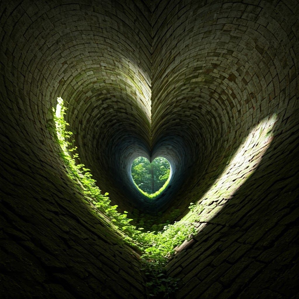 A an overgrown heart shaped underground tunnel, made of bricks, arched ...