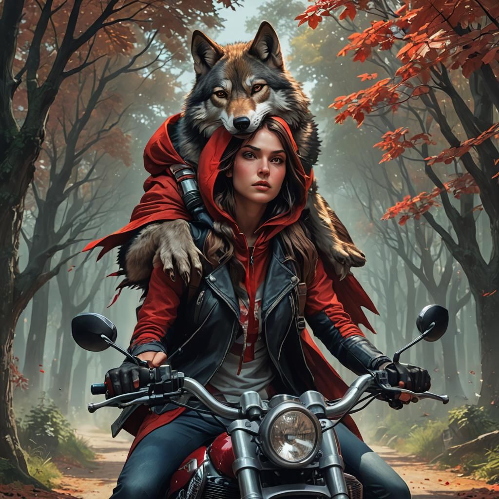 red riding hood and the wolf riding a motorbike head and shoulders ...