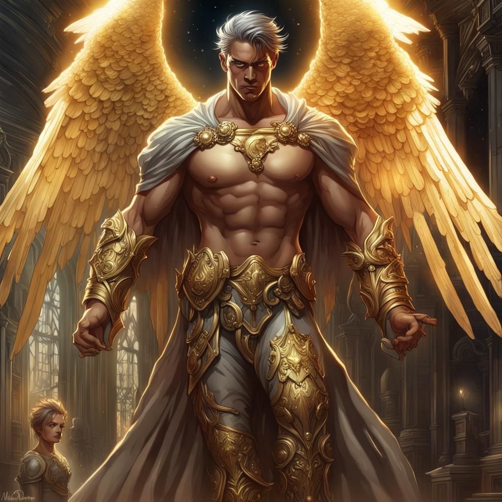 Arcángel Luzbel, luz dorada y plateada, hombre muy bello de hermosa ...