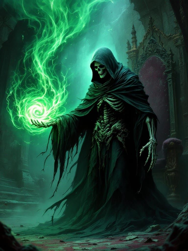 Dark wizard skeleton, skeleton, wearing a robe covering the head, the ...