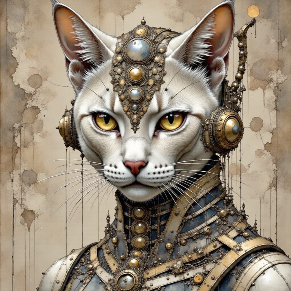 Cyborg Feline Goddess with Intricate Schematic Fac... - AI Art
